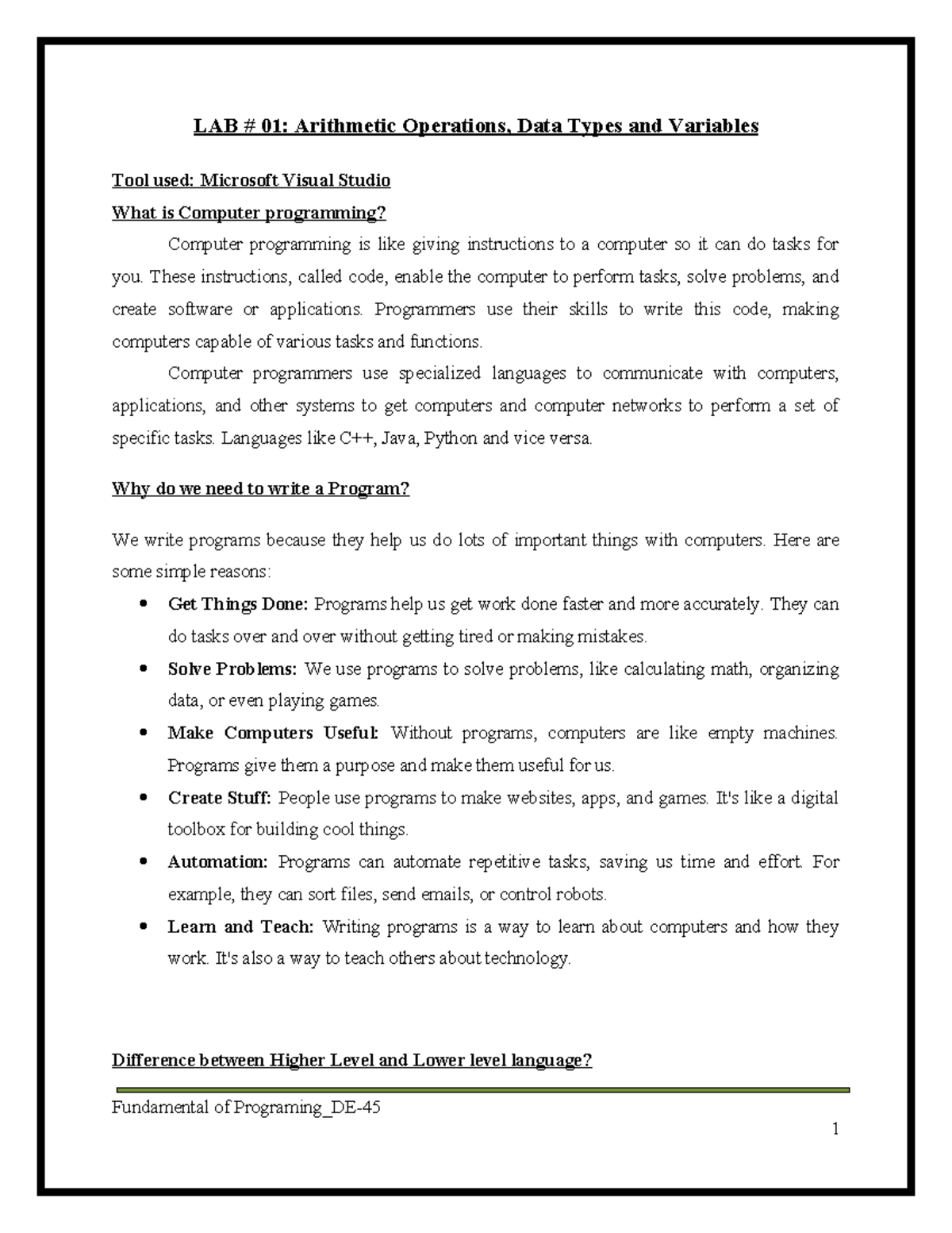 Lab1 - feweq3 - LAB # 01: Arithmetic Operations, Data Types and Variables Tool used: Microsoft ...