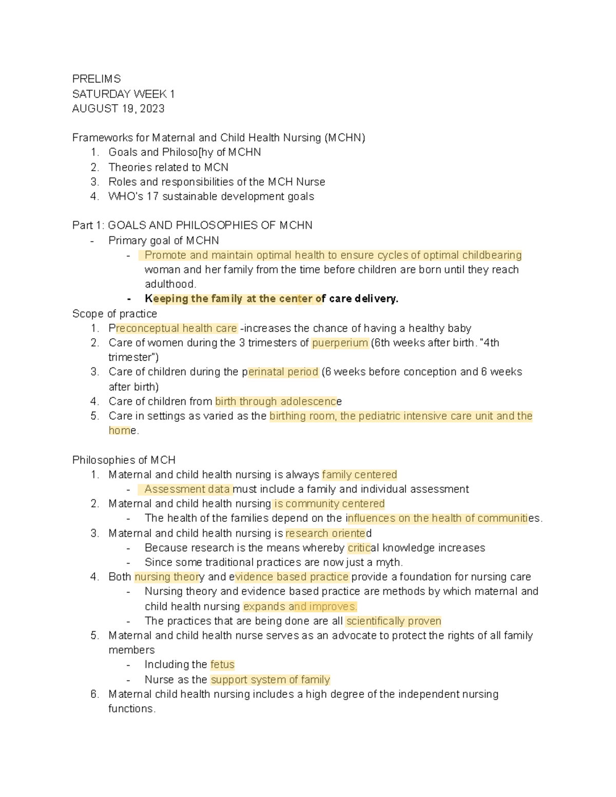MCHN-SAT- Prelims - Notes - PRELIMS SATURDAY WEEK 1 AUGUST 19, 2023 ...