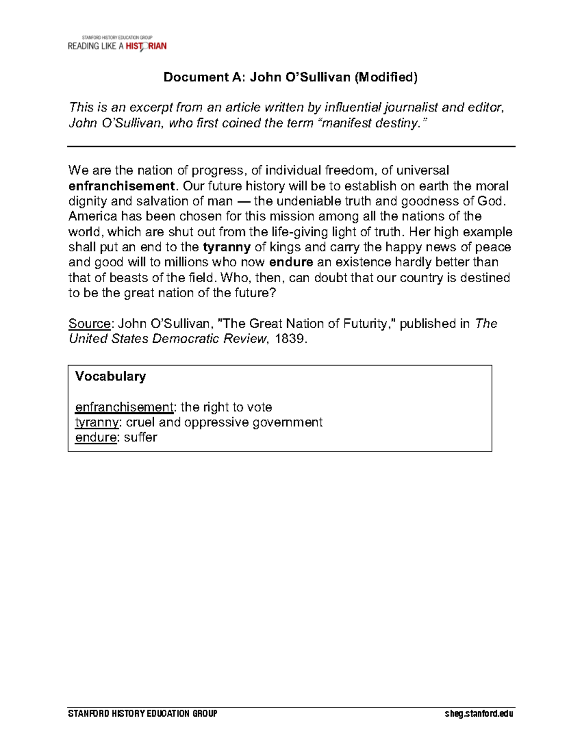 Mexico and Manifest Destiny Sources - Document A: John O’Sullivan ...