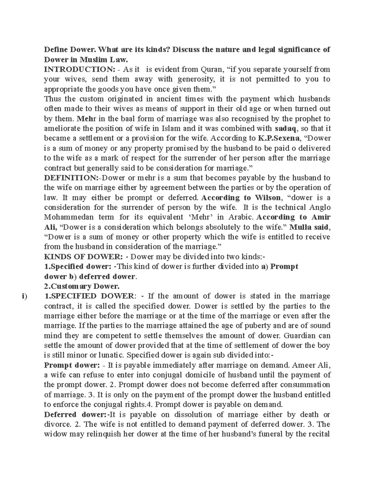 Muslim Law Notes - Summary Family Law - Define Dower. What are its ...