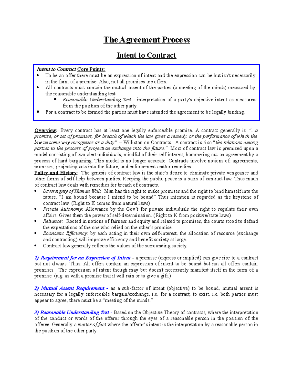 Contracts Law Outline - 3 - The Agreement Process Intent to Contract ...
