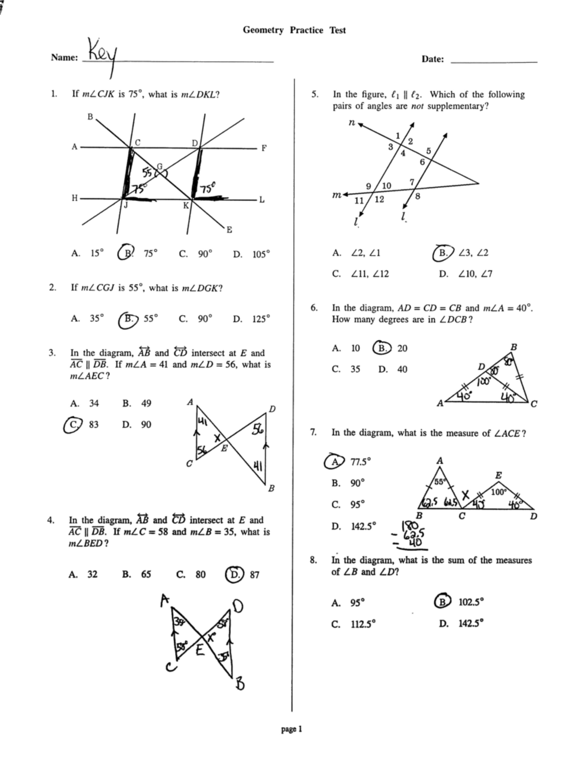 algebra practice test key - Geometry Practice Test Name: Key Date: 1 ...