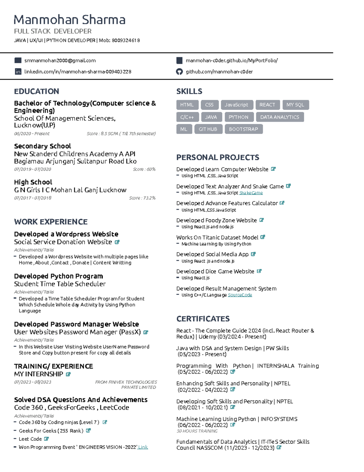 Manmohan's Resume For Main - Manmohan Sharma FULL STACK DEVELOPER JAVA | UX/UI | PYTHON ...