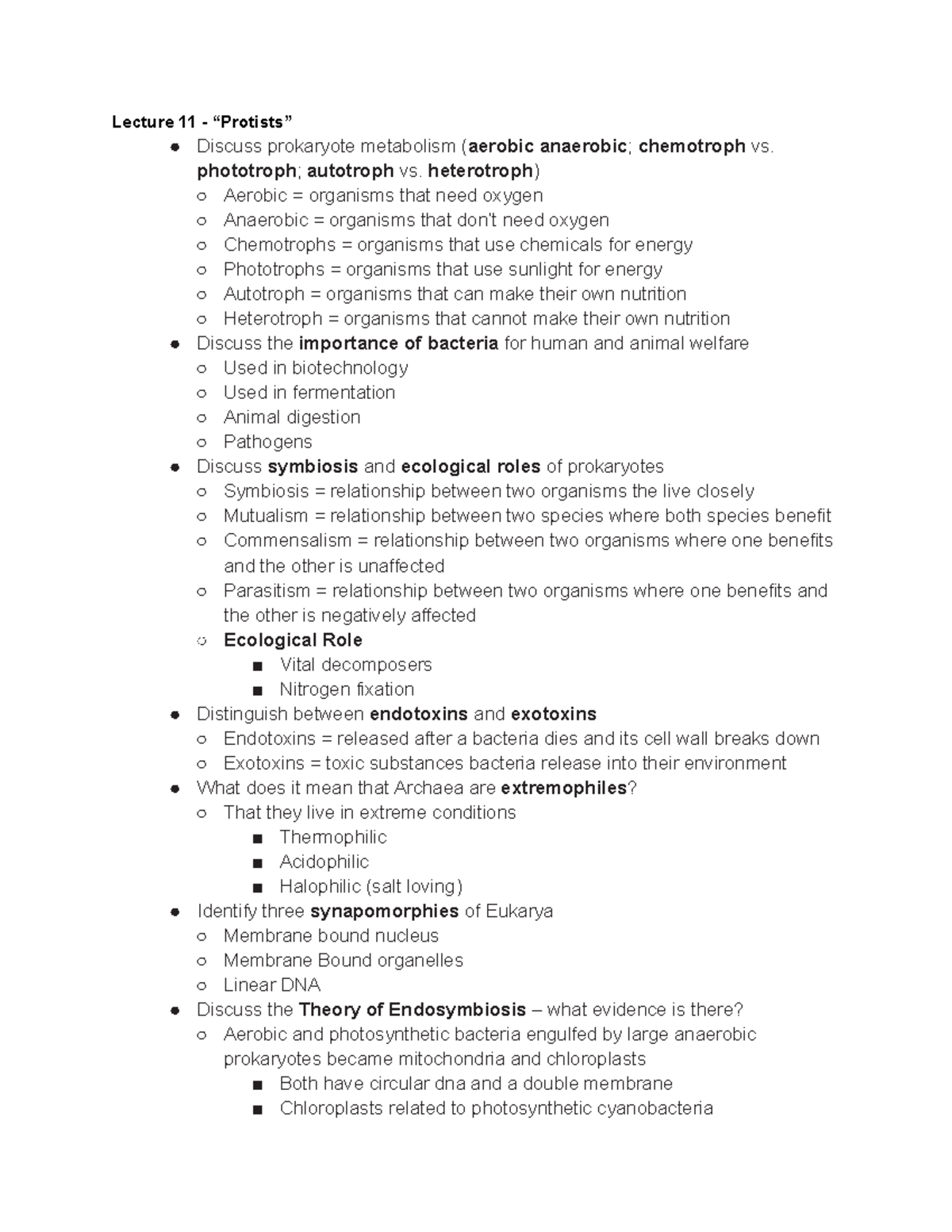 BIO EXAM 2 - Study Guide - Lecture 11 - “Protists” Discuss prokaryote ...