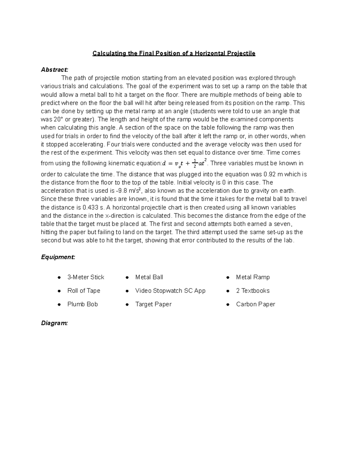 Projectile Motion Prediction Lab Calculating The Final Position Of A Horizontal Projectile