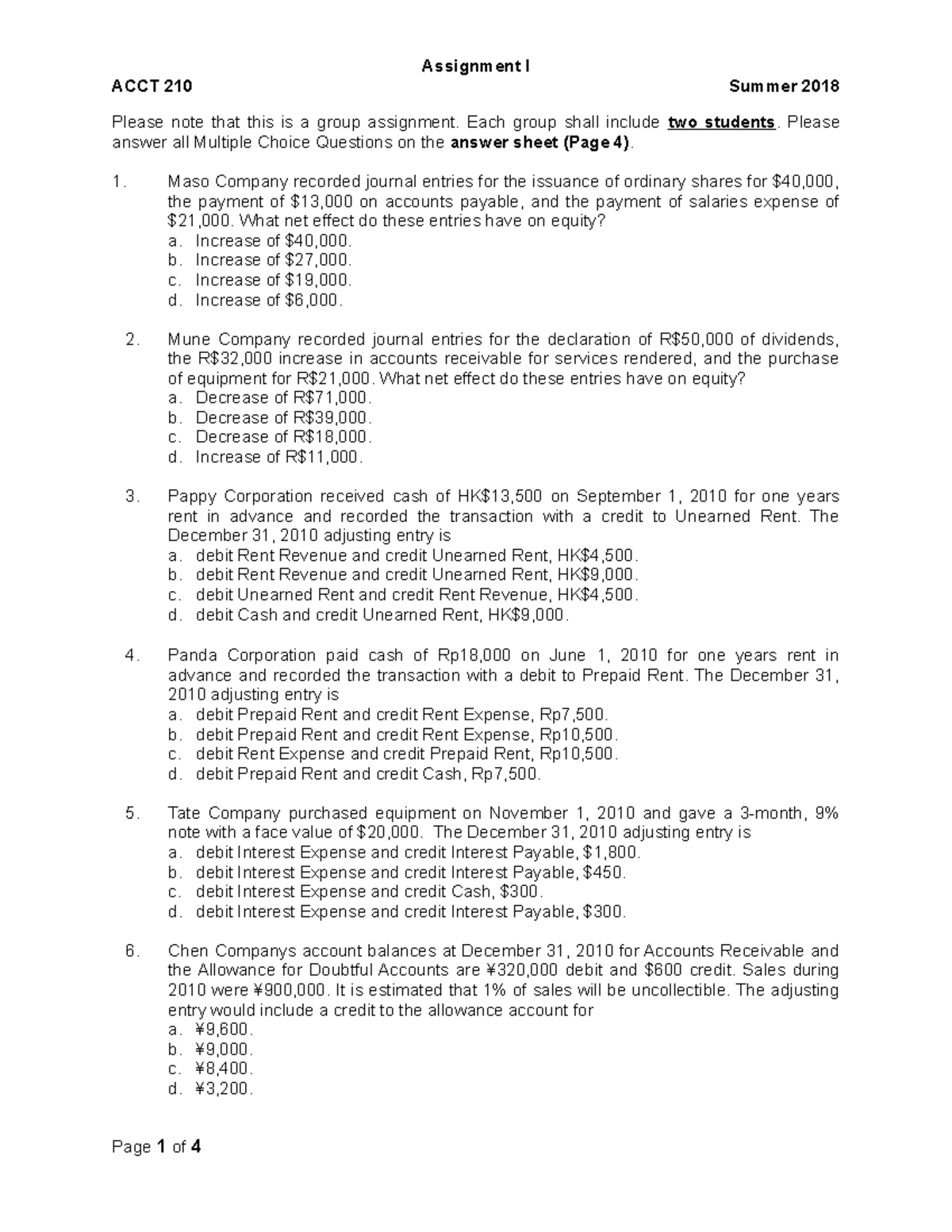Assignment I - ACCT 210 Summer 2018 Please note that this is a group ...