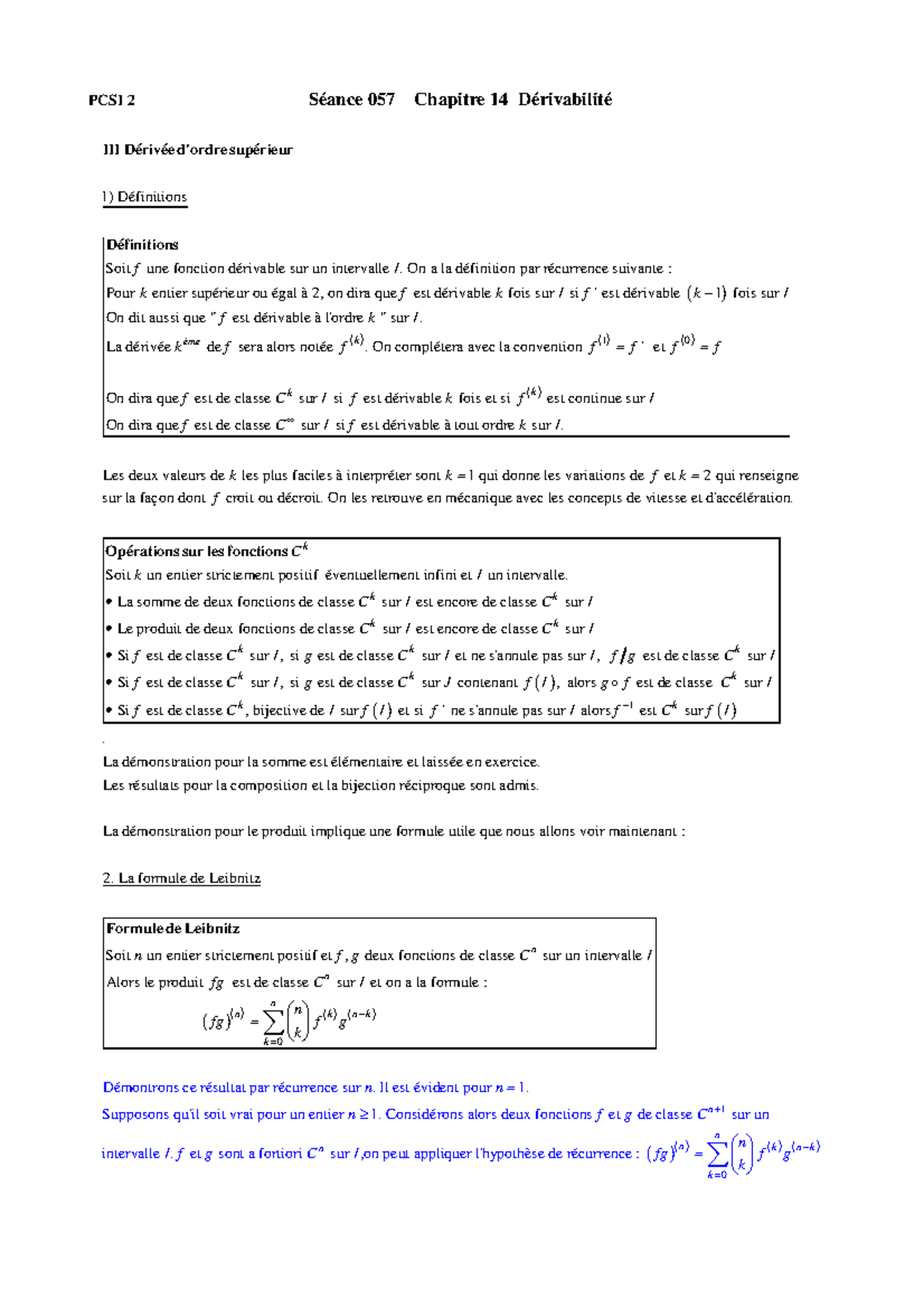 Dérivation/Dérivée d'ordre supérieur - 1) Définitions Soit une fonction ...