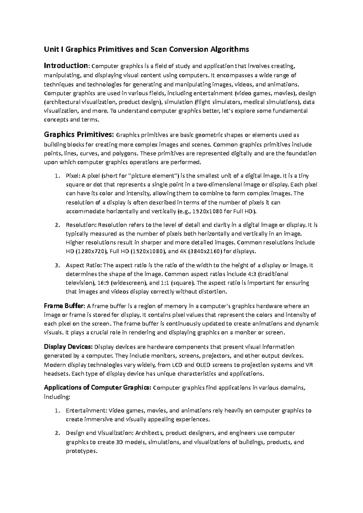 CG uni1 2 - CG uni1 2 - Unit I Graphics Primitives and Scan Conversion Algorithms Introduction ...