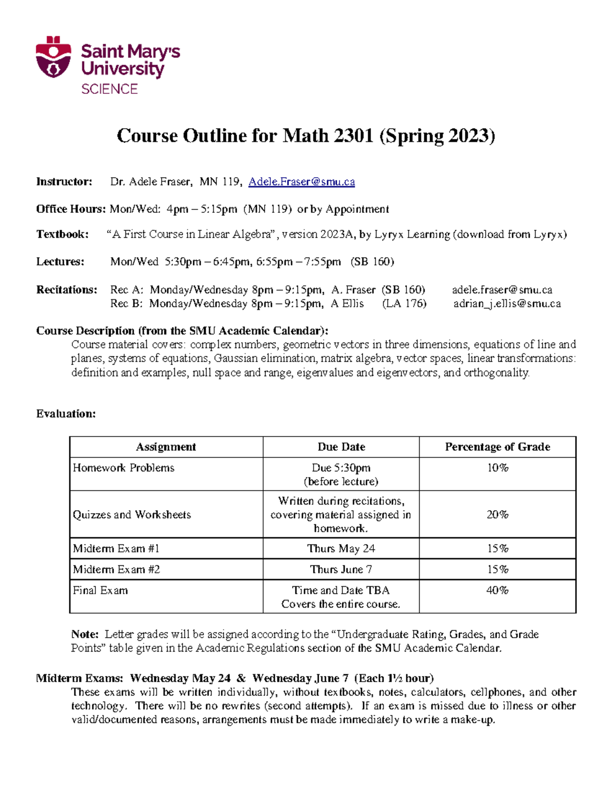 Math 2301 Outline v1 - Course Outline for Math 2301 (Spring 2023 ...