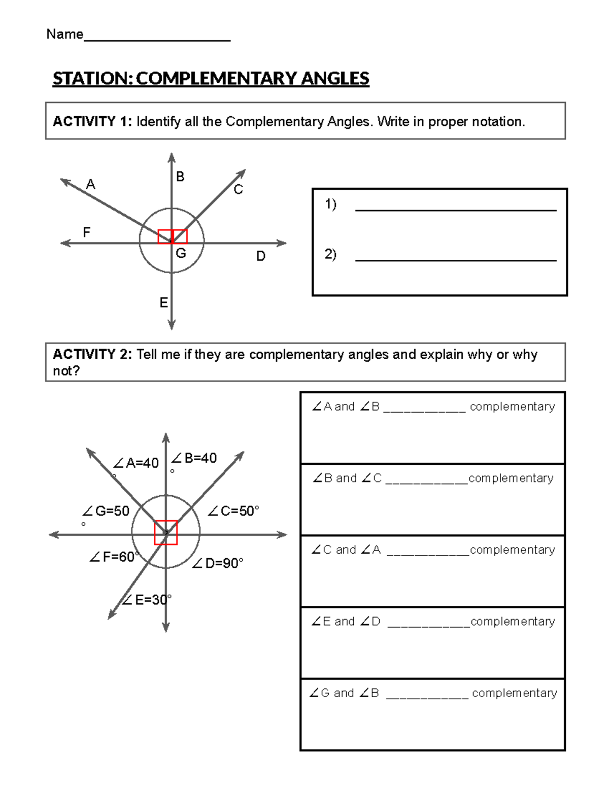 Station Complementary Angles - ACTIVITY 1: Identify all the ...