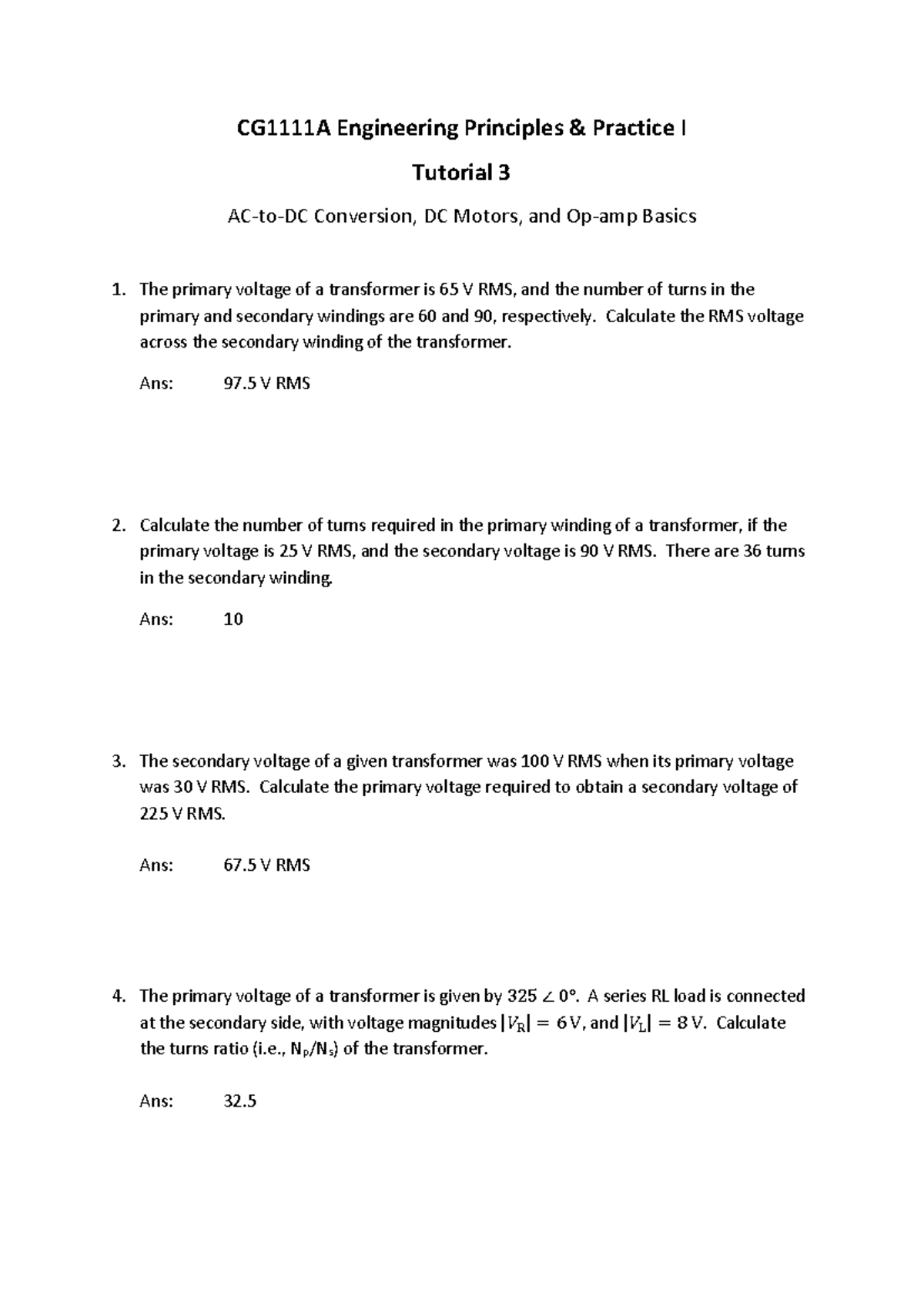 CG1111A Tutorial 3 - CG1111A Engineering Principles & Practice I Tutorial 3 AC-to-DC Conversion ...
