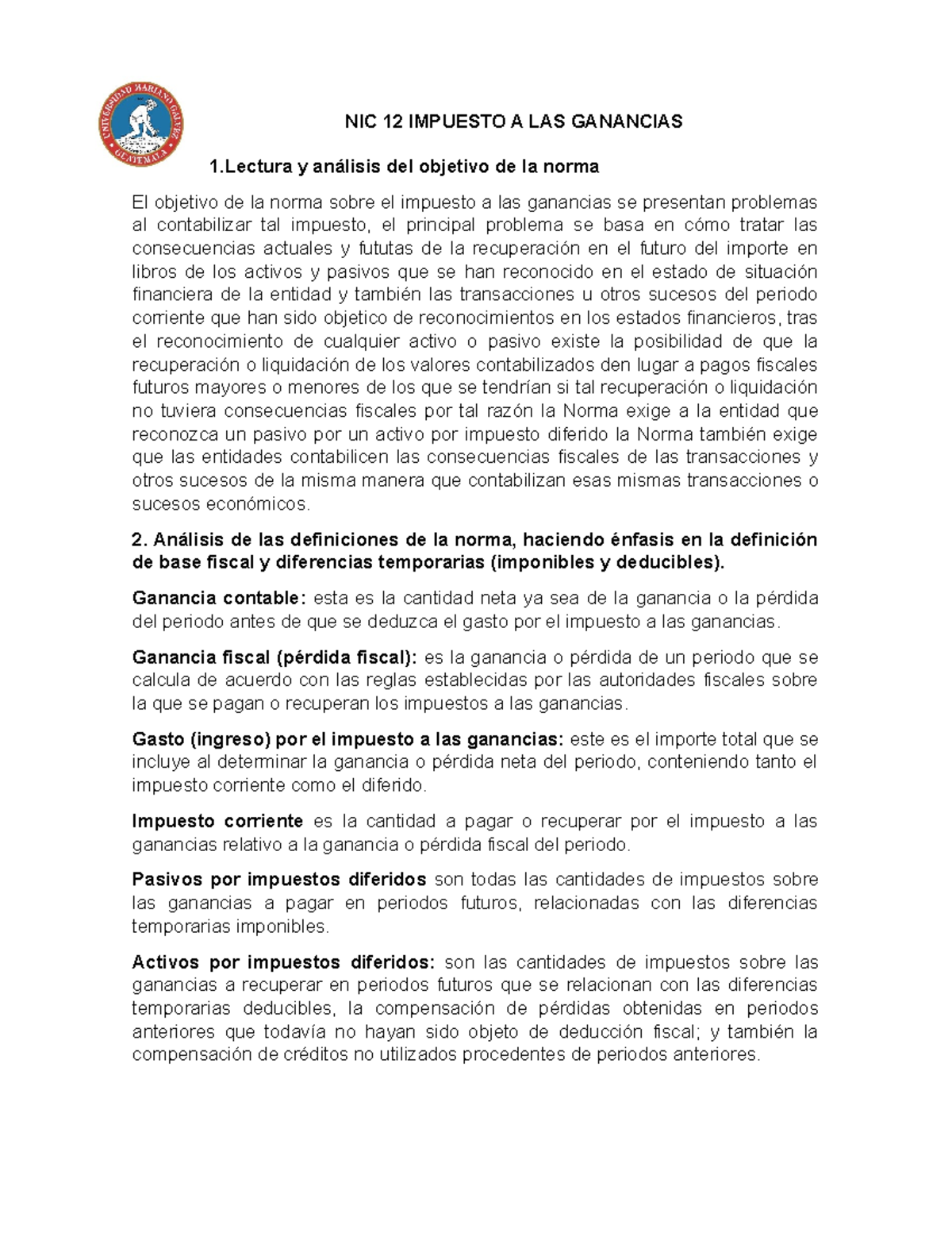 Resumen de la NIC 12 - NIC 12 IMPUESTO A LAS GANANCIAS 1 y análisis del ...
