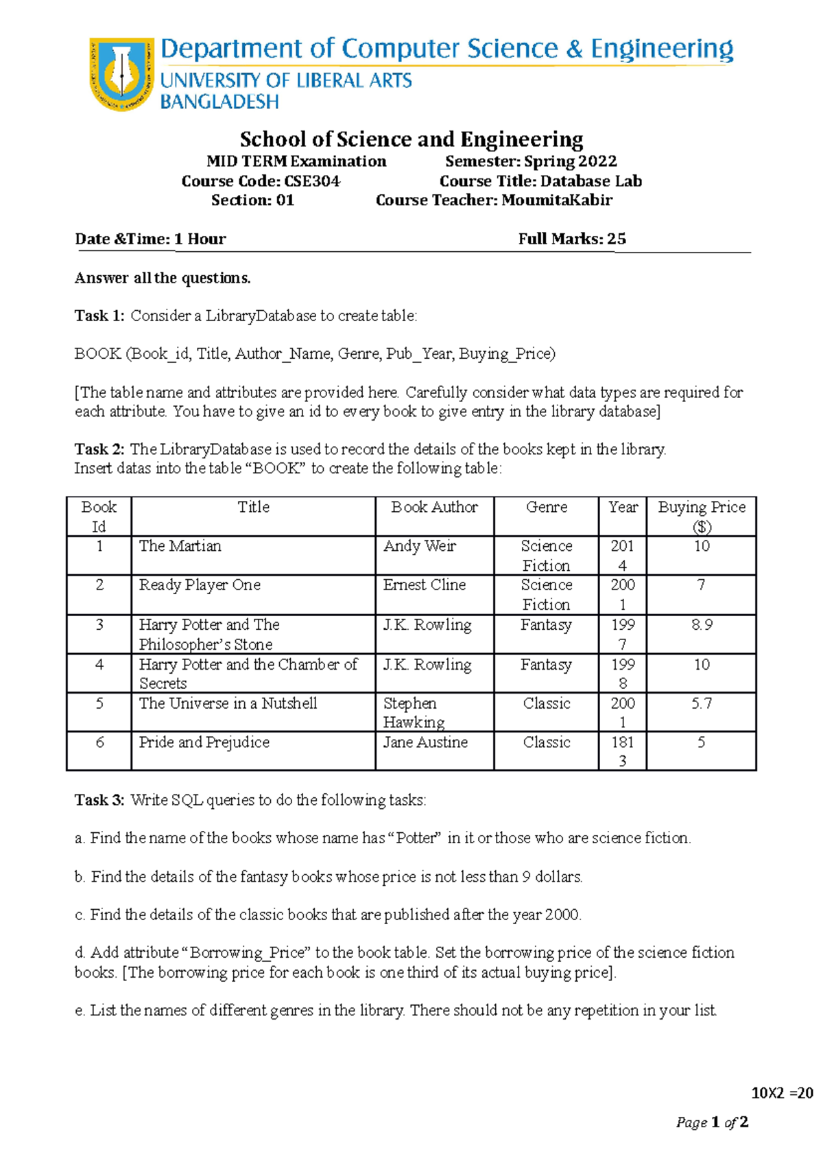 CSE304 Mid Term Question - School of Science and Engineering MID TERM ...