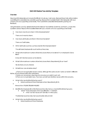 DAD 220 Module Two Lab - DAD 220 Module Two Lab Template Overview To complete this lab, go to ...