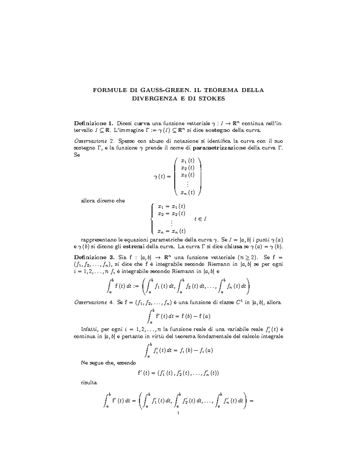Formule di Gauss-Green. Il Teorema della Divergenza e di Stokes ...