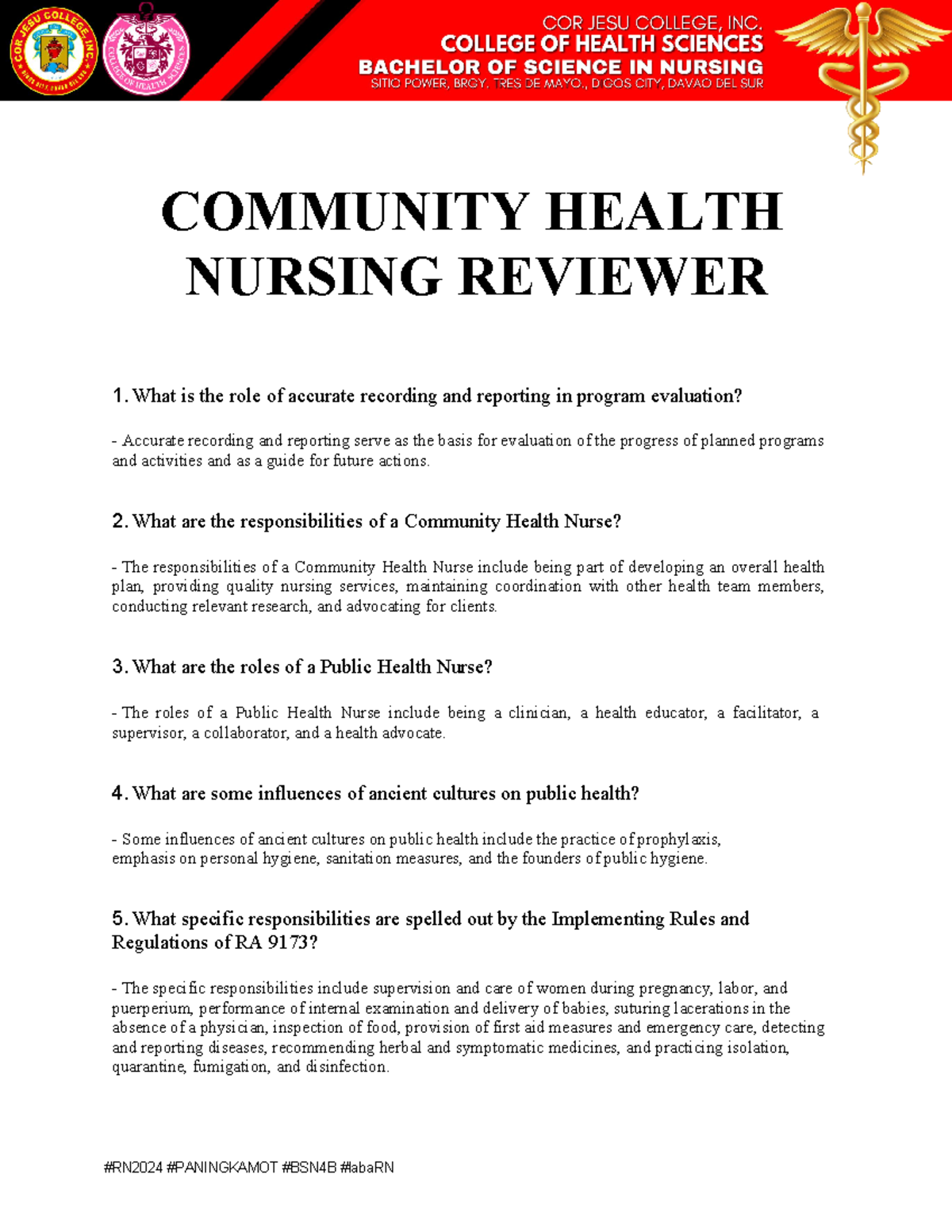 CHN Reviewer - None - COMMUNITY HEALTH NURSING REVIEWER 1. What is the ...