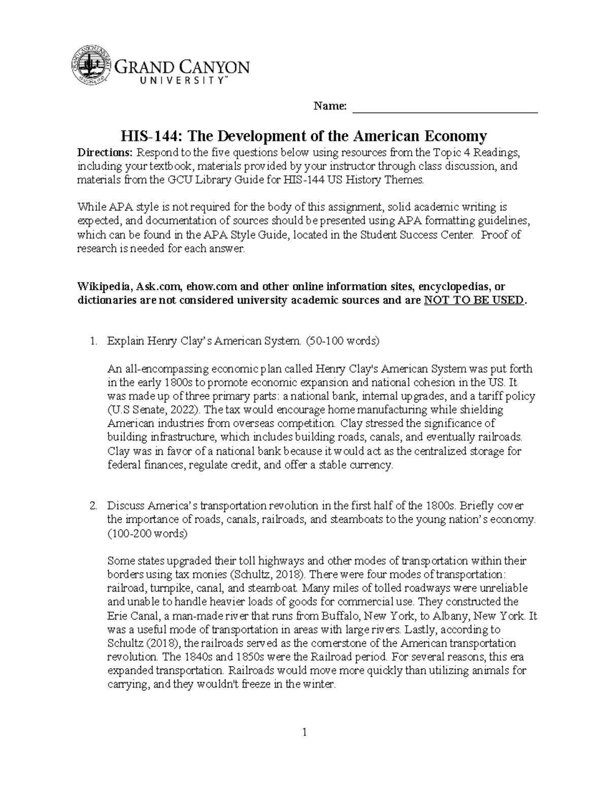 HIS-144-RS-Development of the American Economy Worksheet - Name: HIS ...