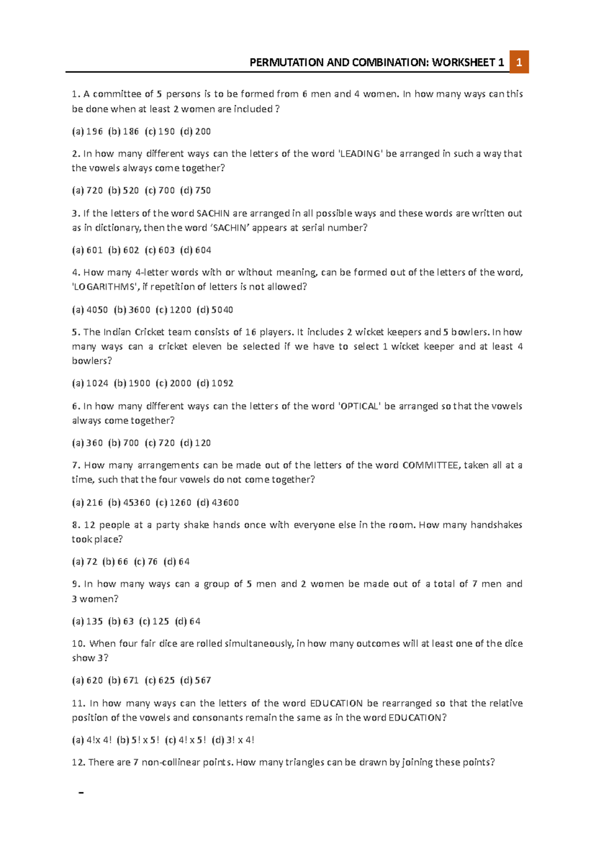 Permutation and combination - PERMUTATION AND COMBINATION: WORKSHEET 1 ...