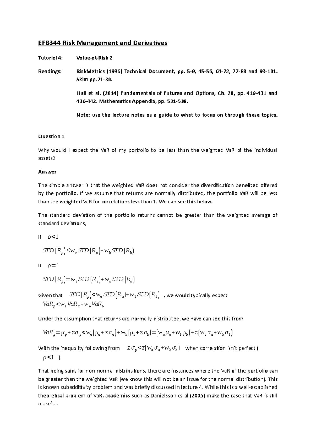 Tutorial 4 solutions - EFB344 Risk Management and Derivaives Tutorial 4 ...
