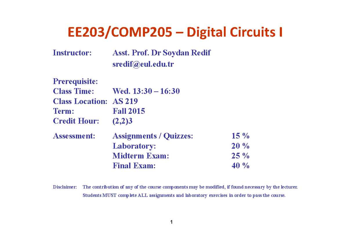 Lec0 ee203 11 - GOOD - EE203/COMP205 – Digital Circuits I Instructor ...