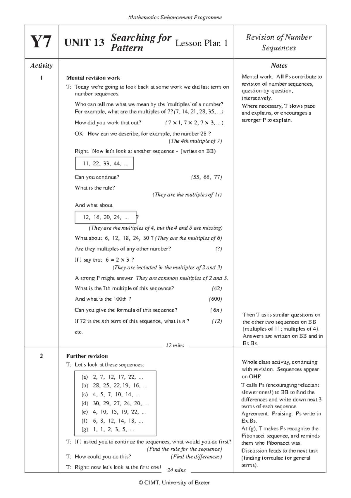 Unit 13 searching for patterns lesson plan and notes - Mathematics ...