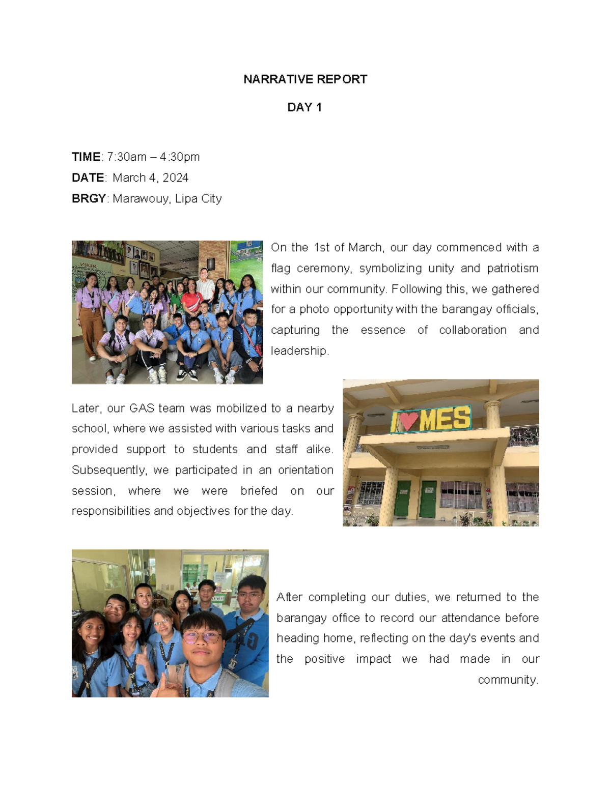 Narrative Report GUAN YUAN LEI Angelo J - DAY 1 TIME: 7:30am – 4:30pm ...