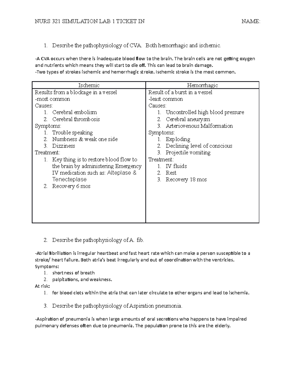 NURS 321-Simulation 1 - Simulation answers CVA - Describe the ...