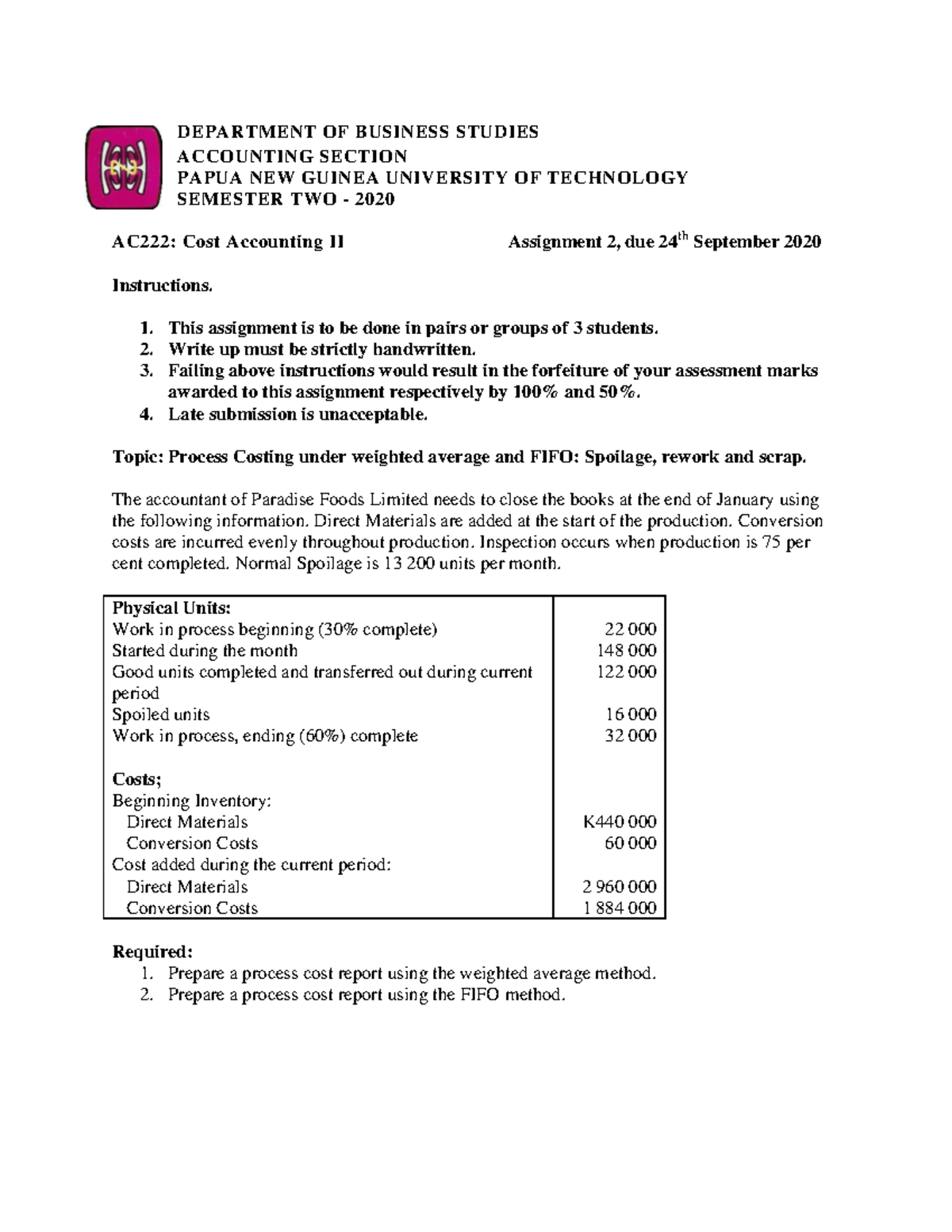 AC222 Assignment 2 2020 - DEPARTMENT OF BUSINESS STUDIES ACCOUNTING ...
