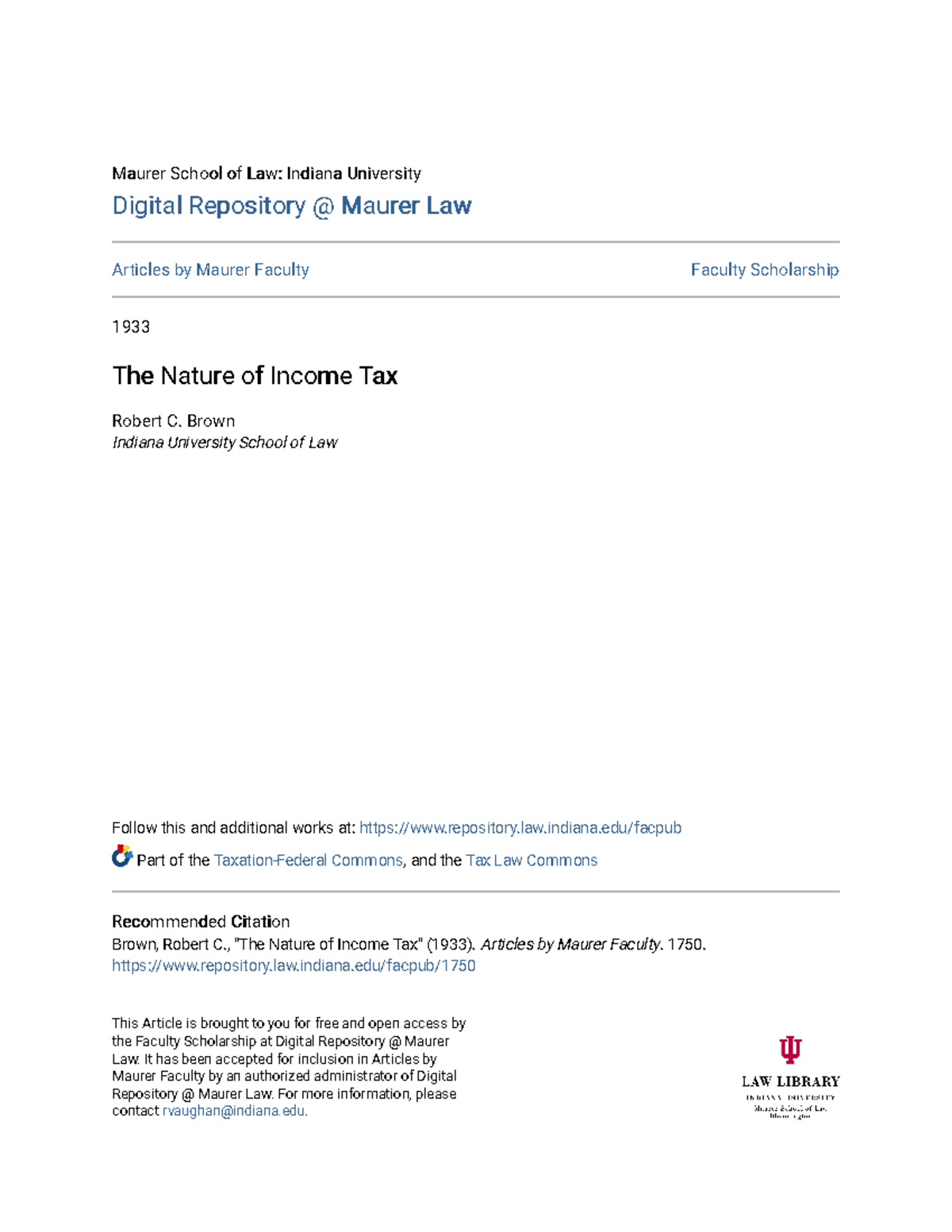 The Nature of Income Tax - Maurer School of Law: Indiana ...