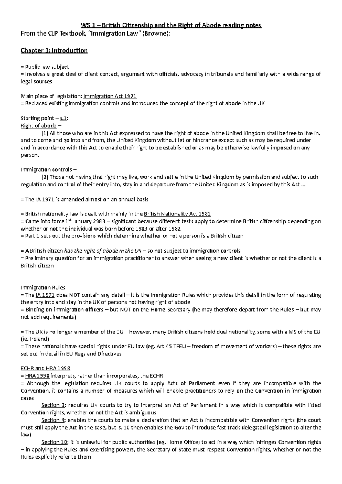 LPC Immigration Law WS 1 reading notes - Studocu