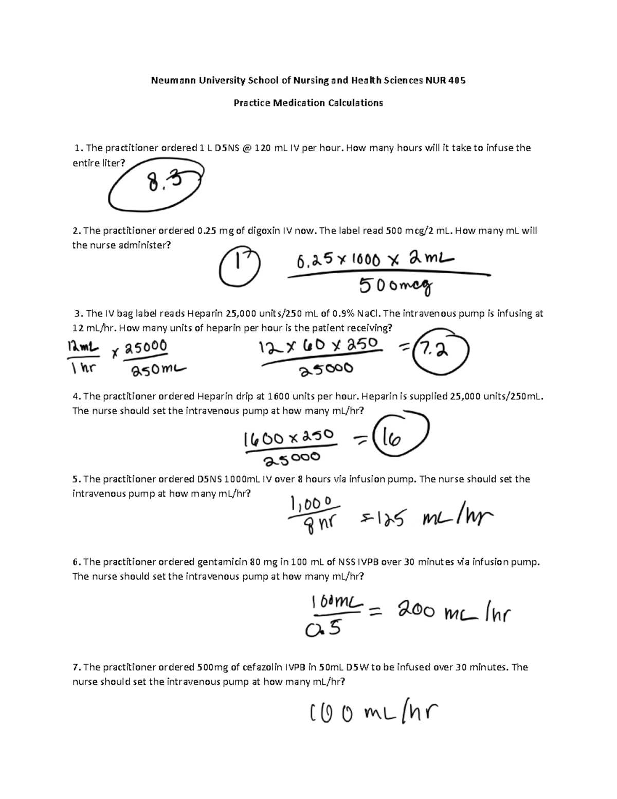 Practice Med calculation 405-1 - Neumann University School of Nursing ...