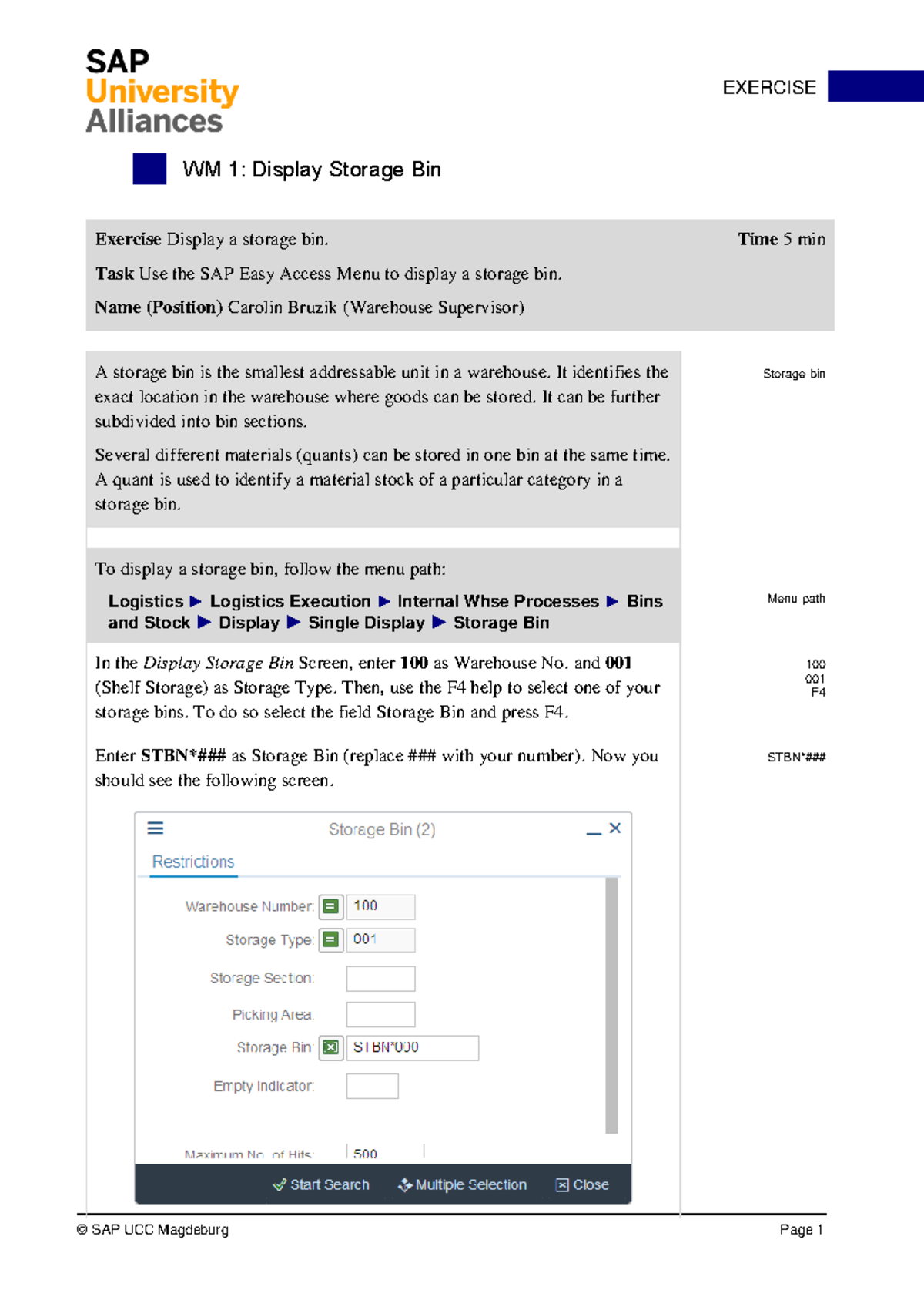 Intro S4HANA Using Global Bike Exercises WM GUI en v3 - WM 1: Display Storage Bin Exercise ...