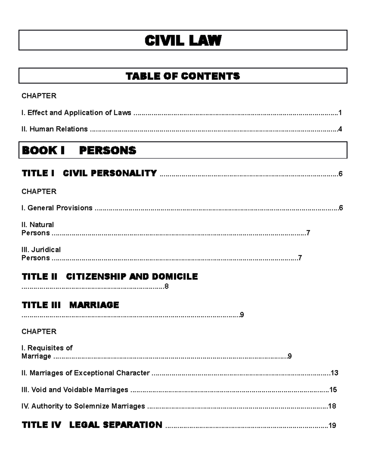 Civil CODE 111420 - CIVIL LAW TABLE OF CONTENTS CHAPTER I. Effect and ...