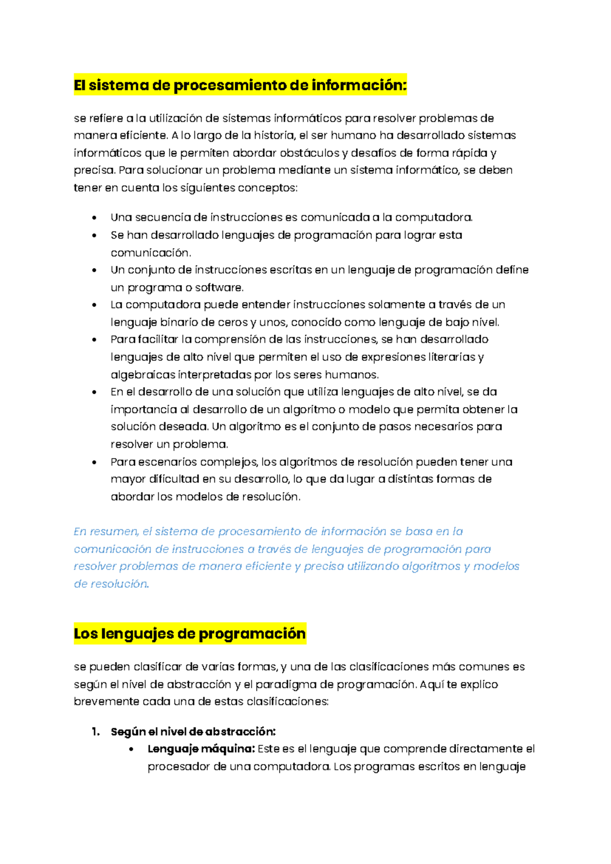 Resumen Modulo 1 Y 2 Intro Algoritmos - El sistema de procesamiento de información: se refiere a ...