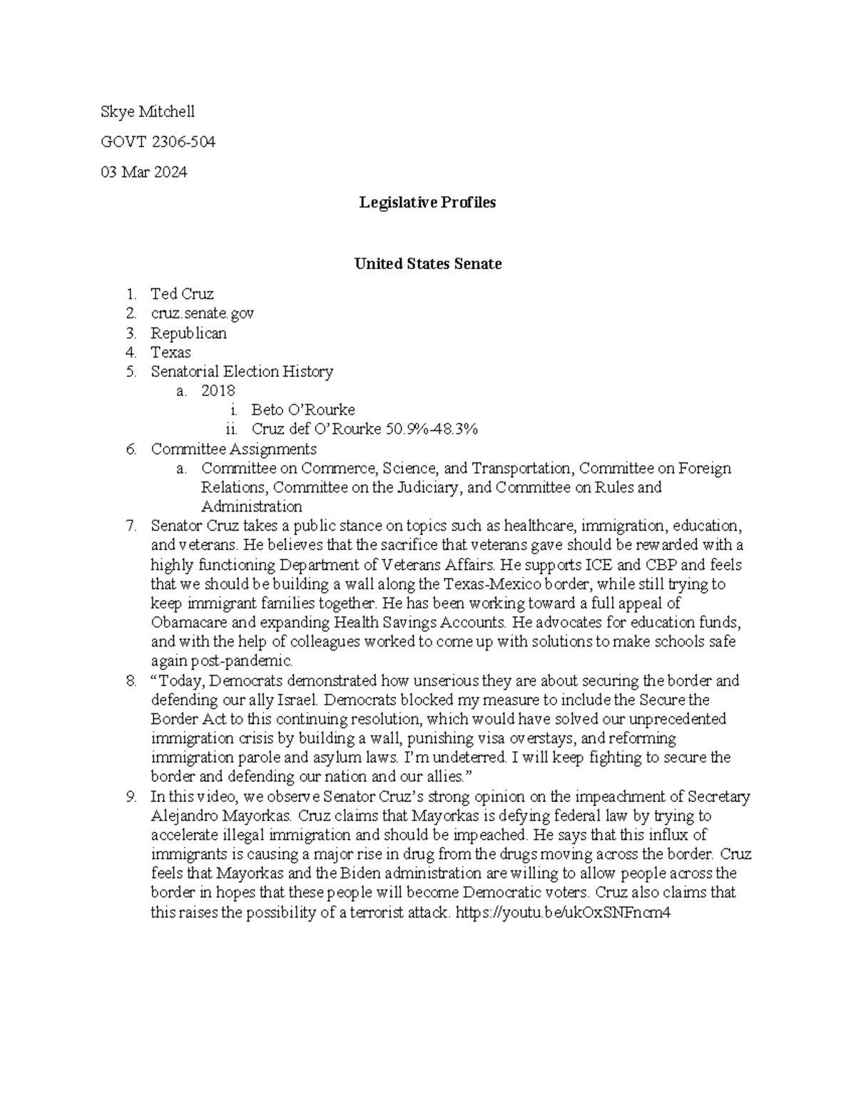 Legislative Profiles - Skye Mitchell GOVT 2306- 03 Mar 2024 Legislative ...