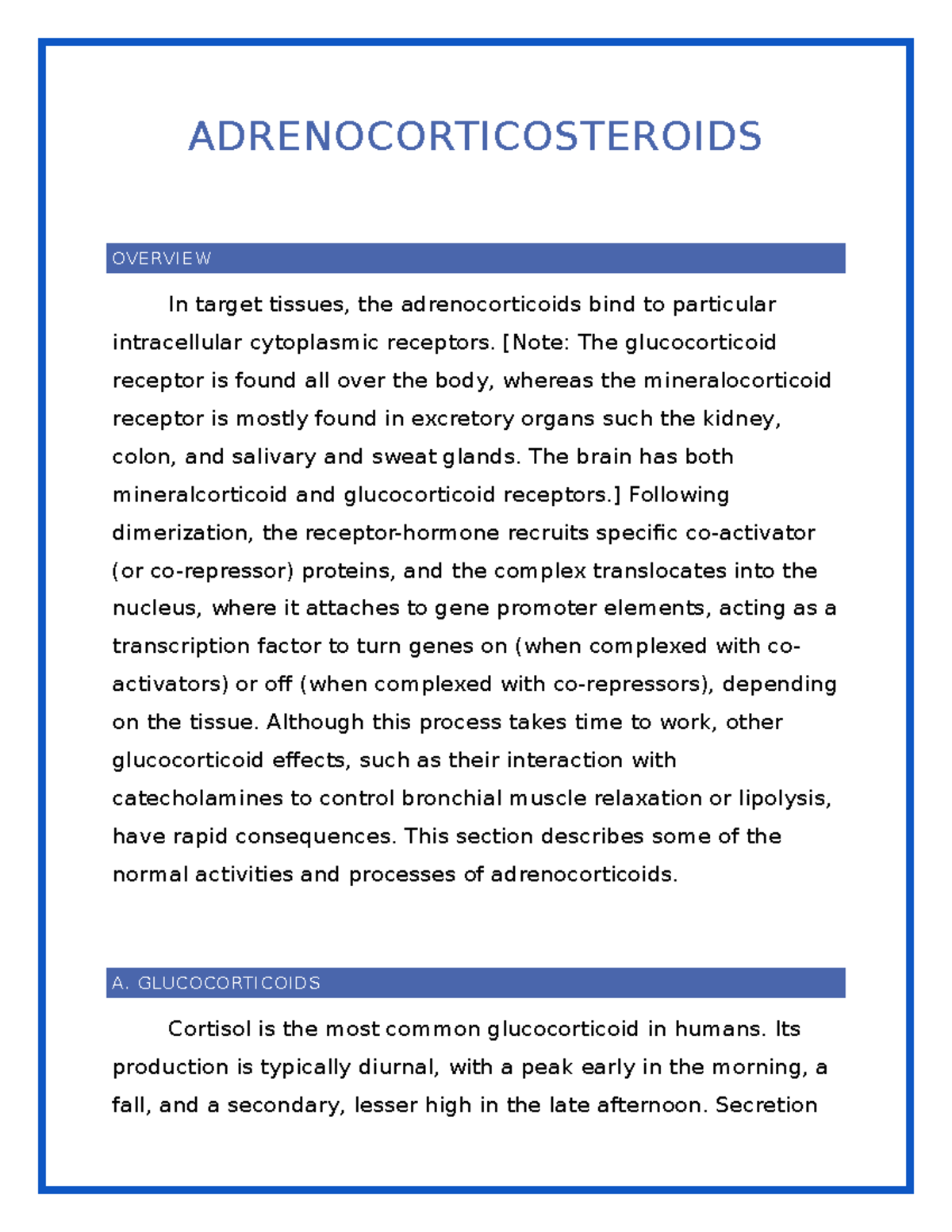 Brief NOTE ON Adrenocorticosteroids - ADRENOCORTICOSTEROIDS OVERVIEW In ...