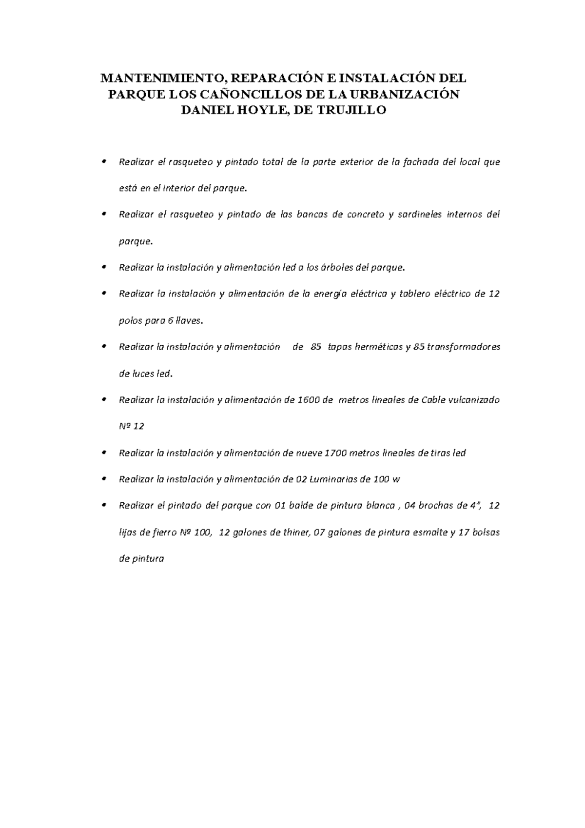 Mantenimiento, Reparación E Instalación DEL Parque LOS Cañoncillos DE ...