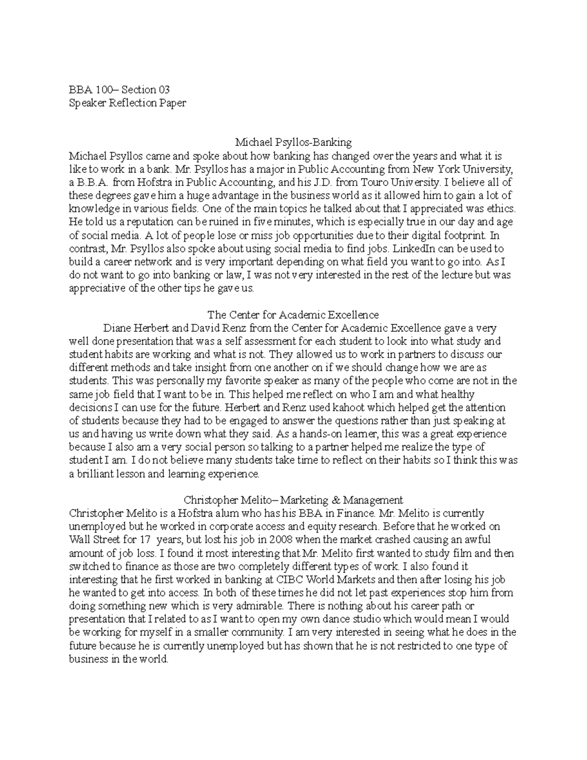 Speaker Reflection Paper - BBA 100– Section 03 Speaker Reflection Paper ...