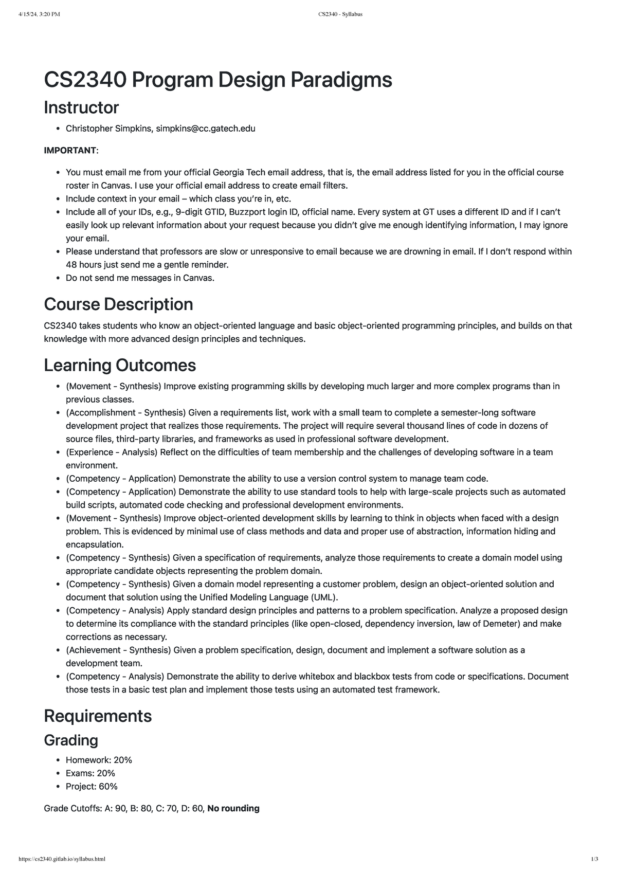 CS2340 - Syllabus - 4/15/24, 3:20 PM CS2340 - Syllabus cs2340.gitlab/syllabus.html 1/ CS 2340 ...