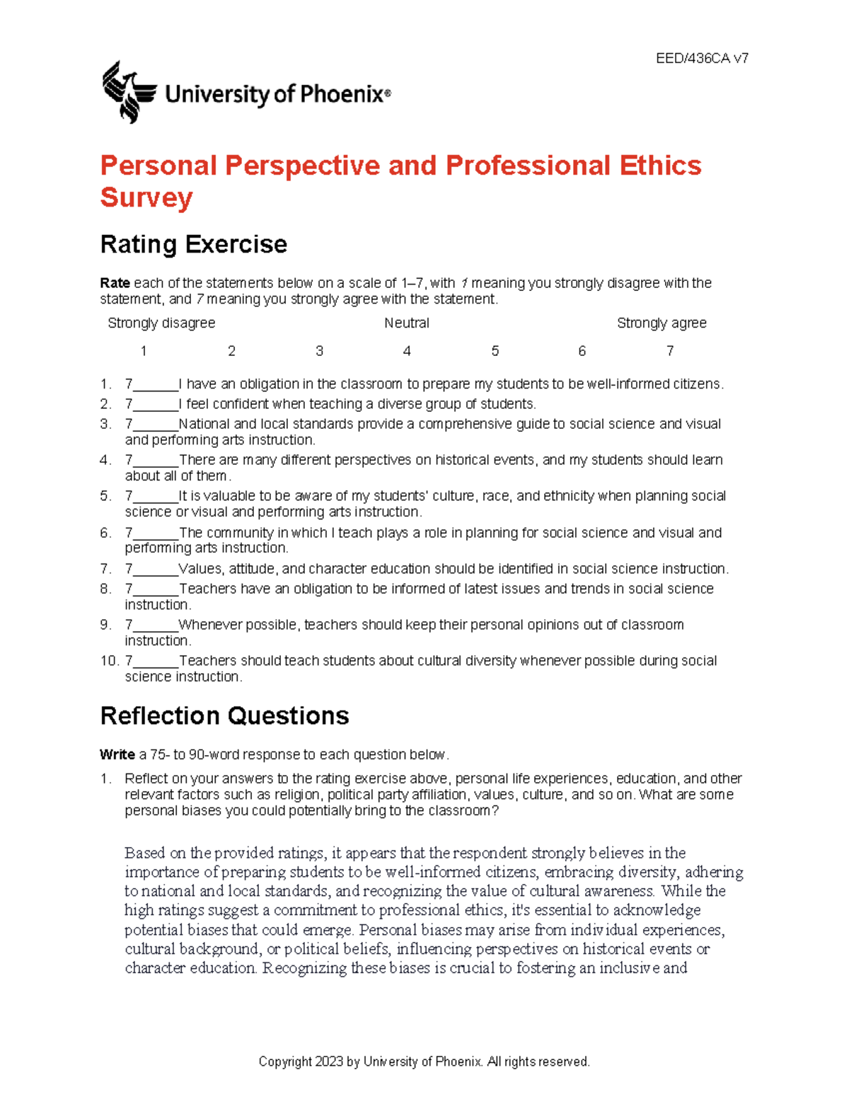 Eed436ca v7 wk1 personal perspective and professional ethics survey ...