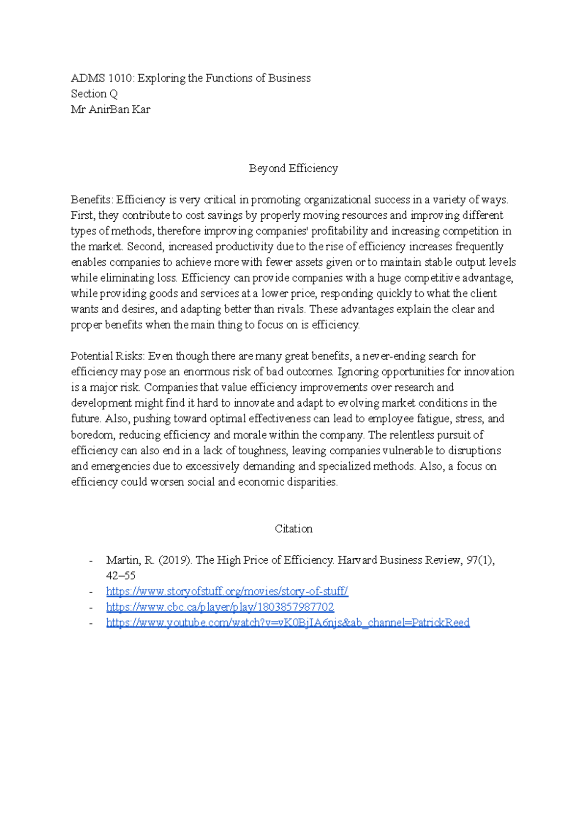 Week 10 Writing Assignment - ADMS 1010: Exploring the Functions of Business Section Q Mr AnirBan ...