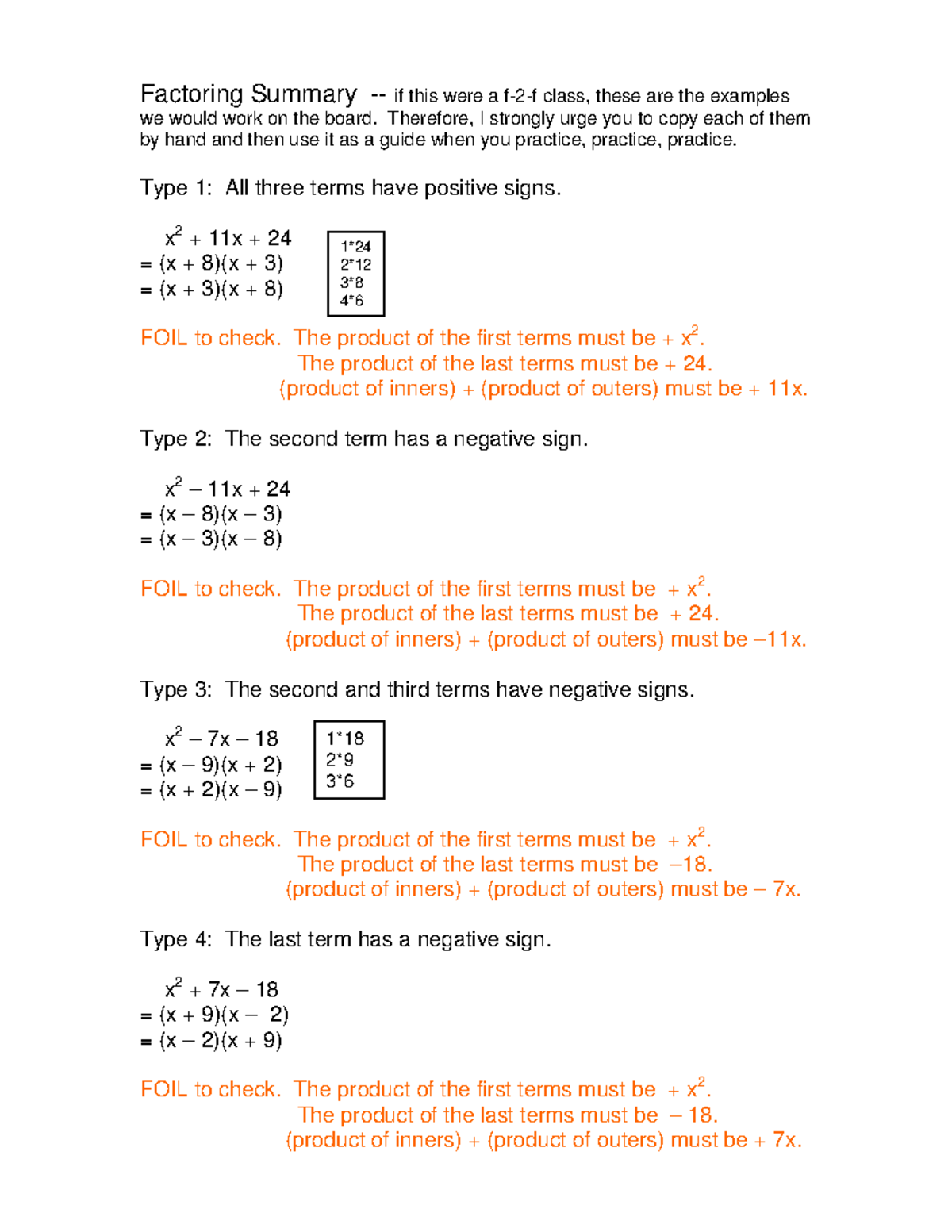 Mini-lecture - Factoring Summary - Factoring Summary - if this were a f ...