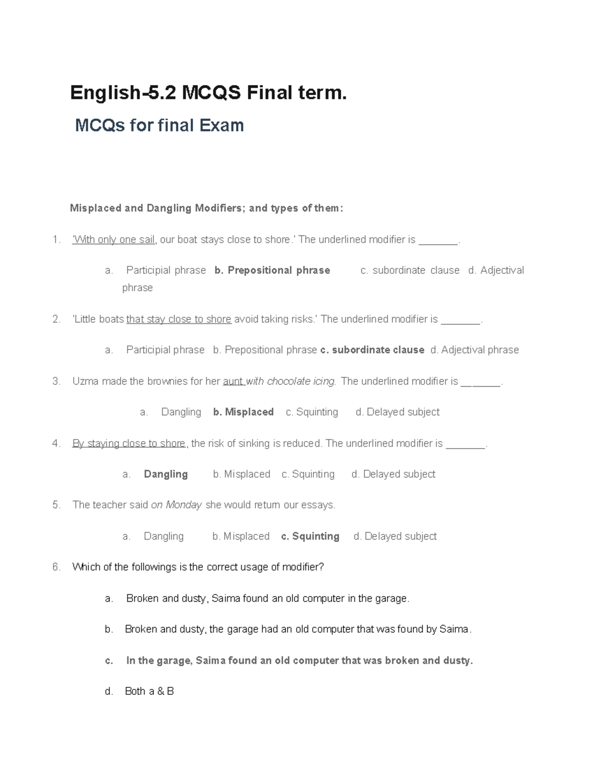 English.V.5.2 MCQS Final term paper - English-5 MCQS Final term. MCQs for final Exam Misplaced ...