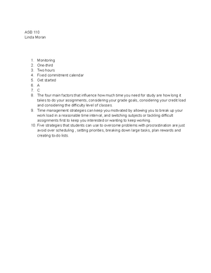 Journal 3 ASB 110 - ASB 110 Linda Moran Journal 3 Marking your text is ...