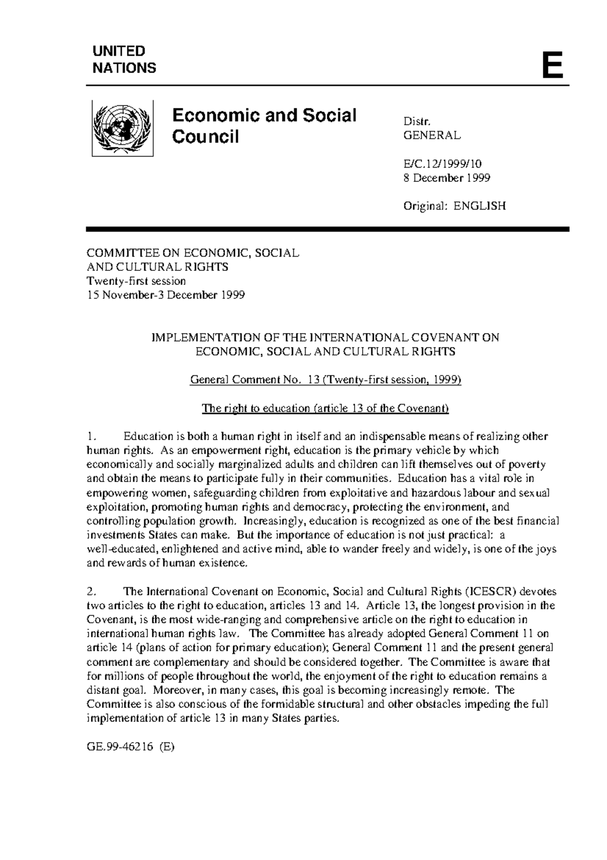 Cescr General Comment 13 en - UNITED NATIONS E Economic and Social ...