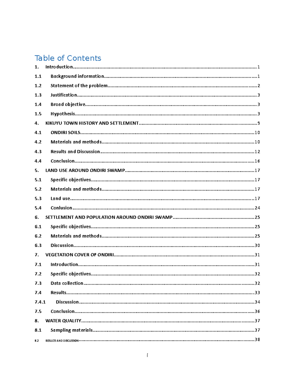 Ondiri Swamp Project - Table of Contents - Studocu
