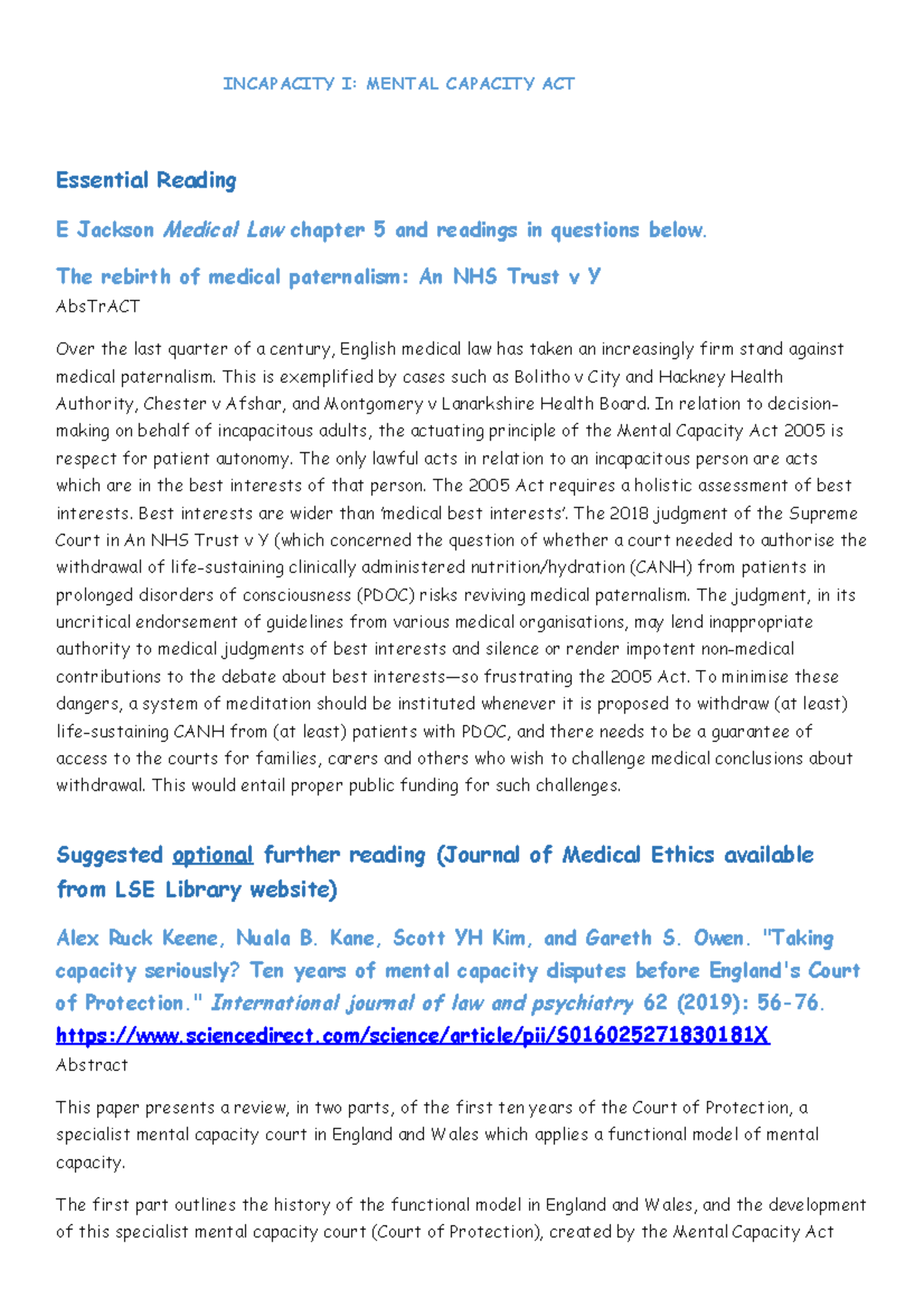 Incapacity I MCA Questions for discussion - INCAPACITY I: MENTAL ...