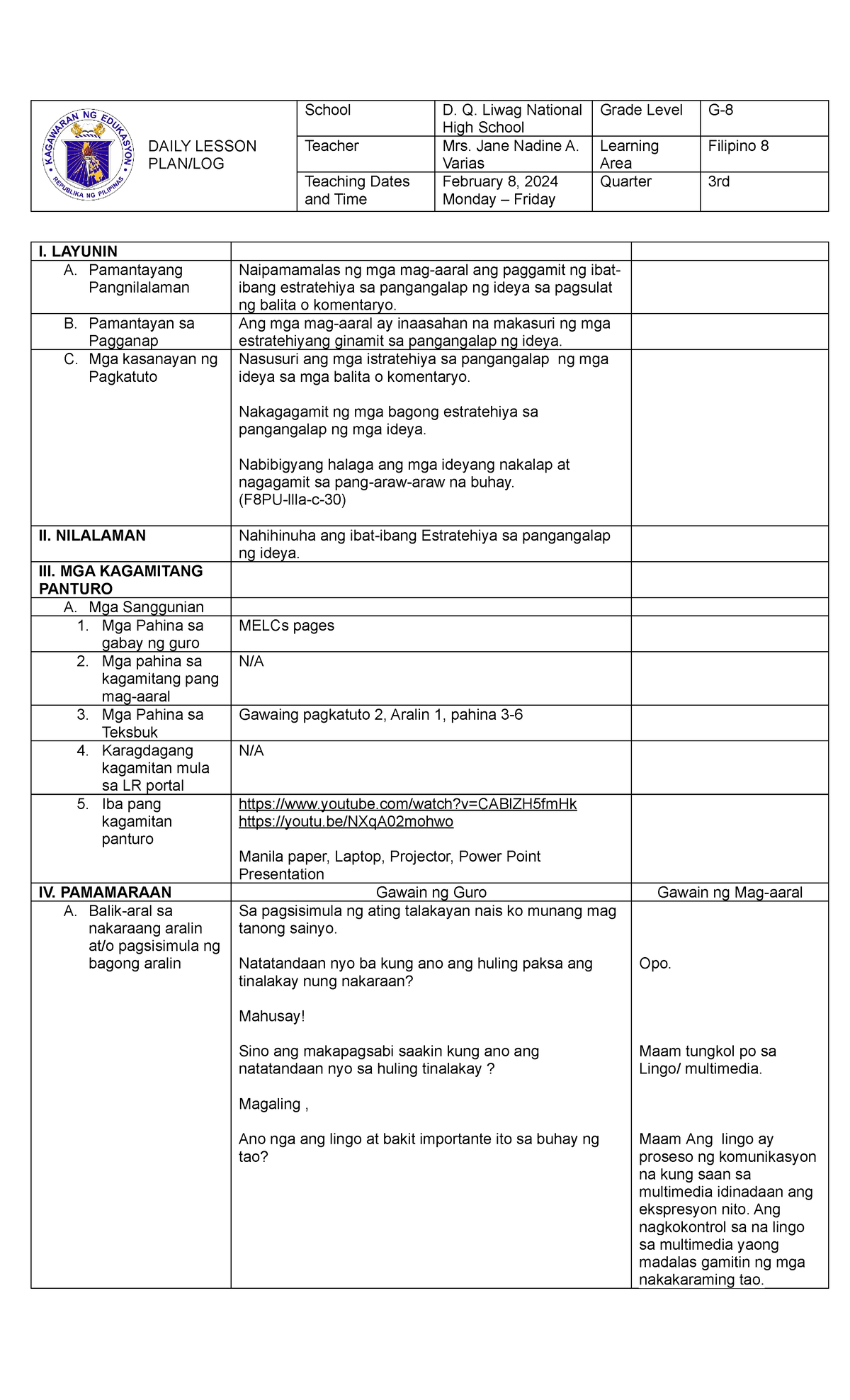 DLP Grade 8 Araw 1 Estratehiya sa pangangalap ng ideya - DAILY LESSON ...