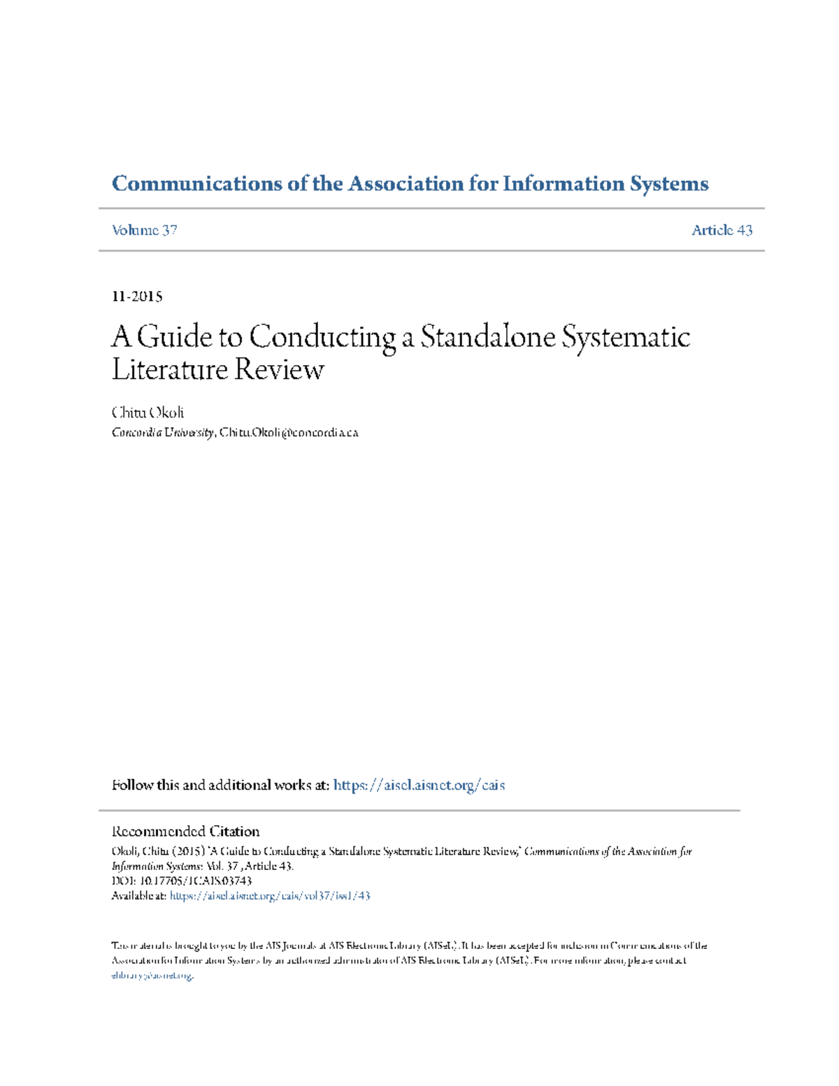 A Guide to Conducting a Standalone Systematic Literature Review ...