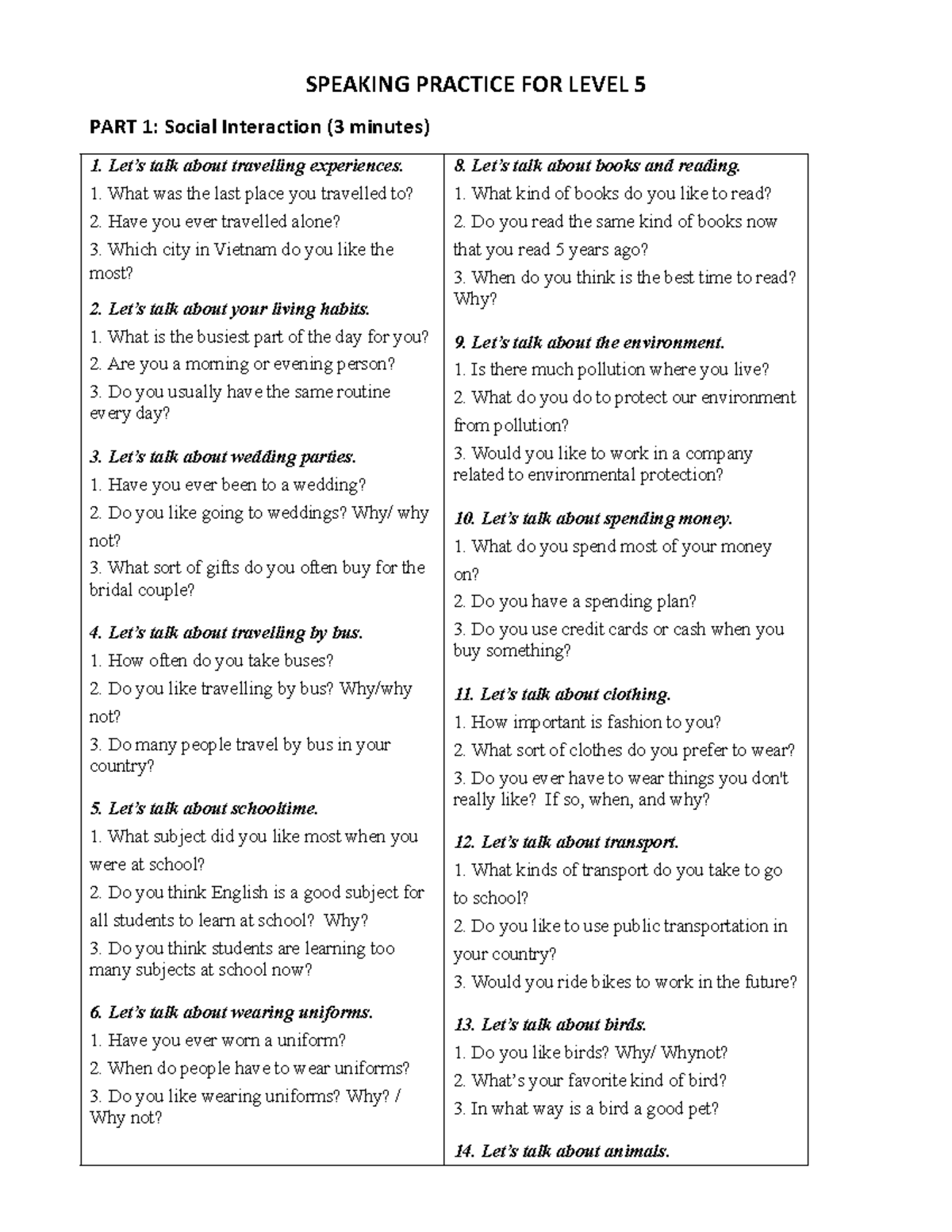 Speaking- Practice-FOR- Level-5 - SPEAKING PRACTICE FOR LEVEL 5 PART 1 ...